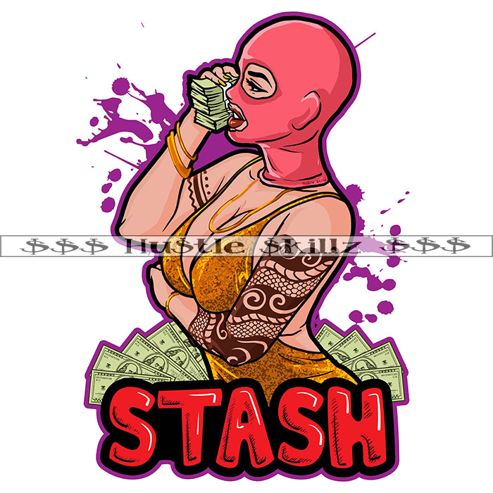 Stash Sexy Gangster Girl Wearing Ski Mask Money Stack Phone Cash Hustl
