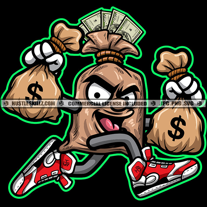 Gangster Money Bag Cartoon Character Running Cash Bags Evil Sarcastic ...